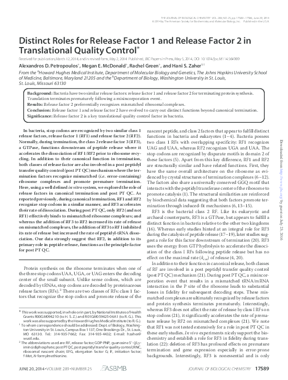 (PDF) Distinct Roles for Release Factor 1 and Release Factor 2 in ...