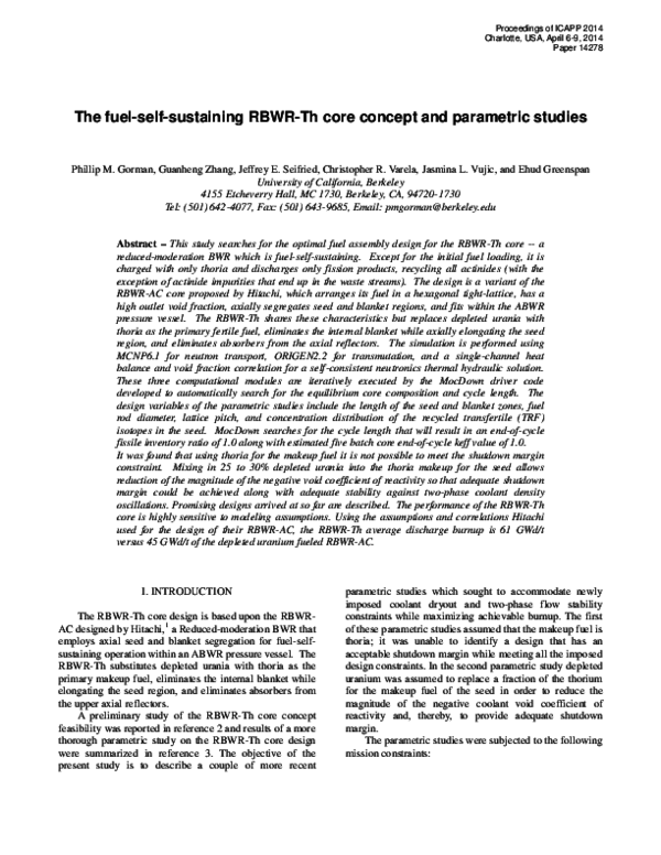 (PDF) The Fuel-self-sustaining RBWR-Th Core Concept and Parametric Studies