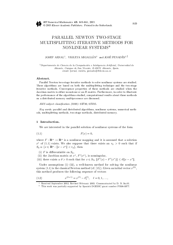 (PDF) Parallel Newton Two-Stage Multisplitting Iterative Methods for Nonlinear Systems