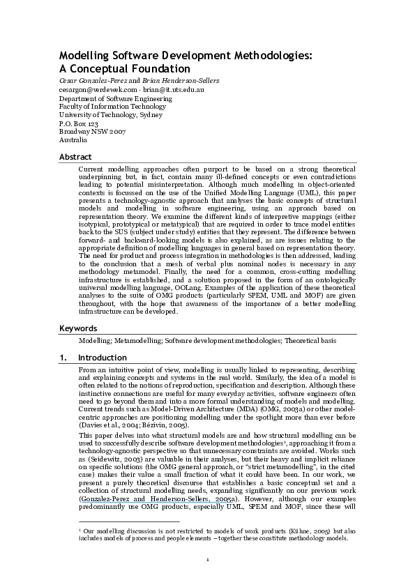 (PDF) Modelling software development methodologies: A conceptual foundation