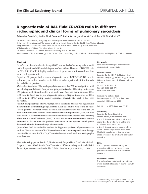 (PDF) Diagnostic role of BAL fluid CD4/CD8 ratio in different ...