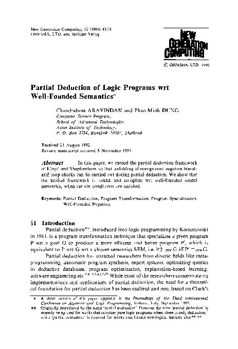 (PDF) Partial Deduction of Logic Programs wrt Well-Founded Semantics