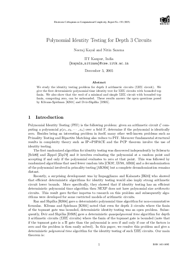 Pdf Polynomial Identity Testing For Depth 3 Circuits