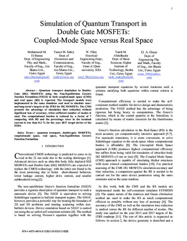 (PDF) Simulation of quantum transport in double-gate MOSFETs using the non-equilibrium Green's ...