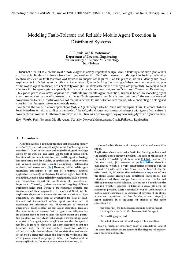 Pdf Modeling Fault Tolerant And Secure Mobile Agent Execution In