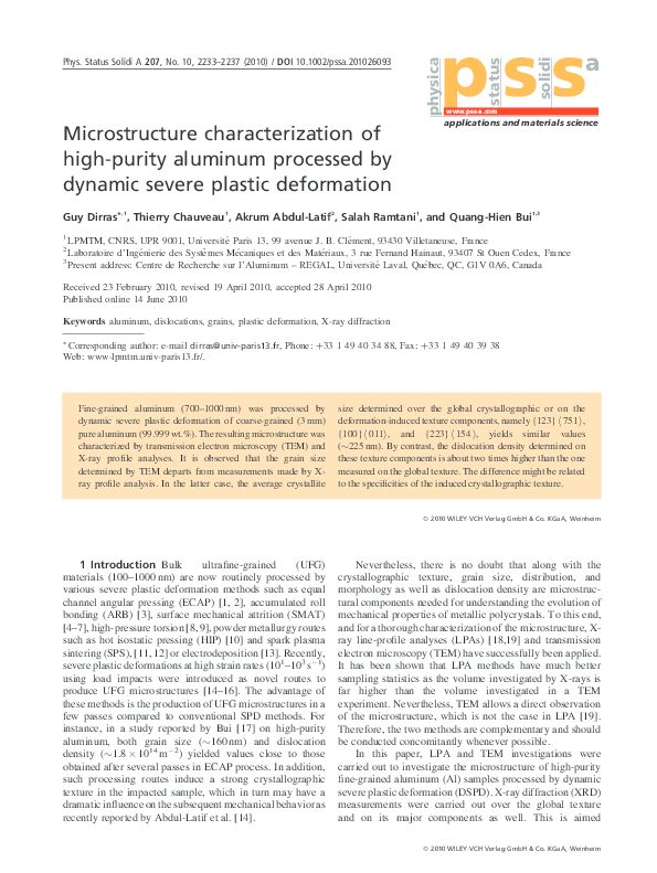 (PDF) Microstructure characterization of high-purity aluminum processed by dynamic severe ...