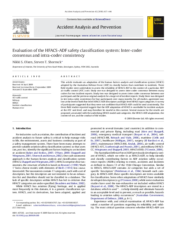 Pdf Evaluation Of The Hfacs Adf Safety Classification System Inter