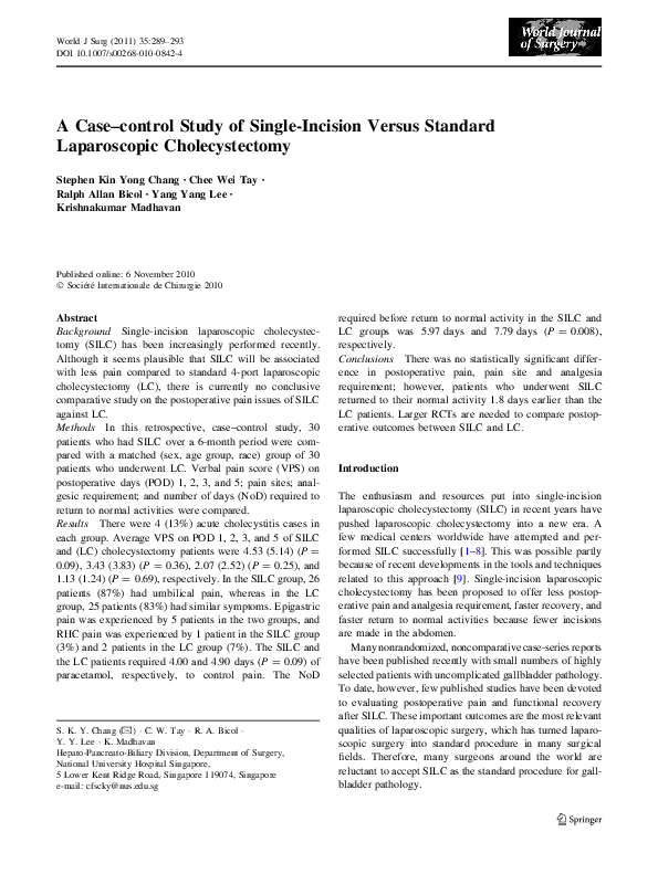 (PDF) A Case–control Study of Single-Incision Versus Standard Laparoscopic Cholecystectomy