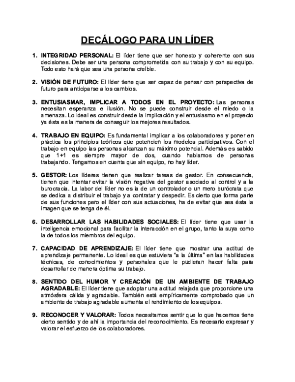 (DOC) DECÁLOGO PARA UN LÍDER