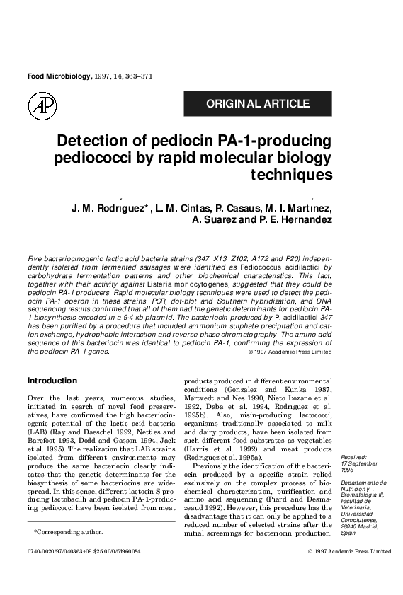 (PDF) Detection of pediocin PA1-producing pediococci by rapid molecular ...