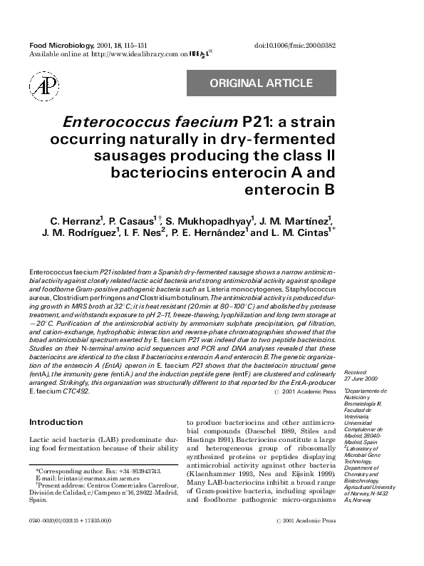 Pdf Enterococcus Faecium P21 A Strain Occurring Naturally In Dry Fermented Sausages Producing