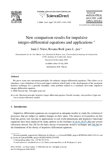 (PDF) New comparison results for impulsive integro-differential equations and applications