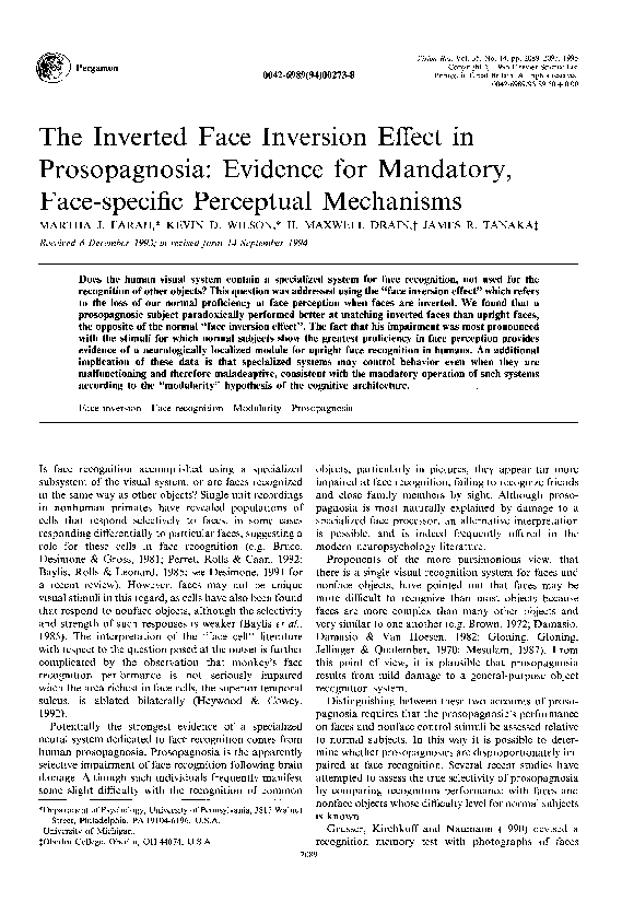 (PDF) The inverted face inversion effect in prosopagnosia: Evidence for mandatory, face-specific ...
