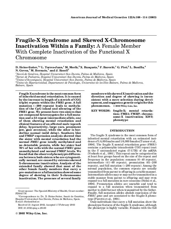 Pdf Fragile X Syndrome And Skewed X Chromosome Inactivation Within A