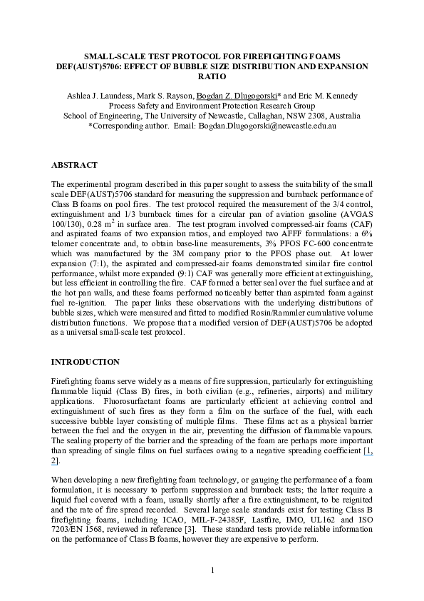 (PDF) Small-Scale Test Protocol for Firefighting Foams DEF(AUST)5706 ...