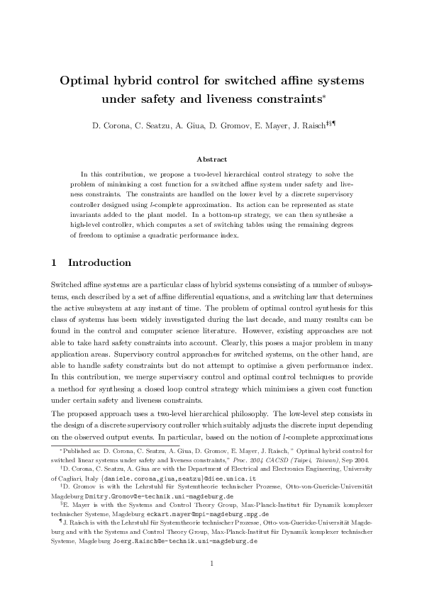 (PDF) Optimal hybrid control for switched affine systems under safety and liveness constraints