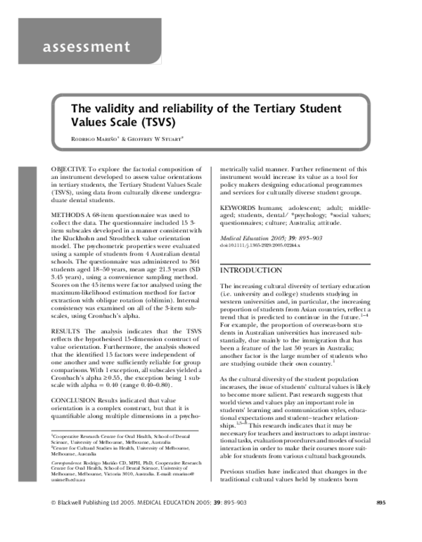 (PDF) The validity and reliability of the Tertiary Student Values Scale ...