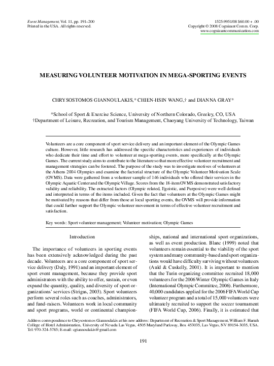 (PDF) Measuring Volunteer Motivation in Mega-Sporting Events
