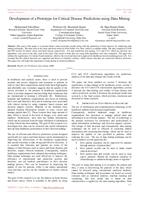 (PDF) Development of a Prototype for Critical Disease Predictions using Data Mining