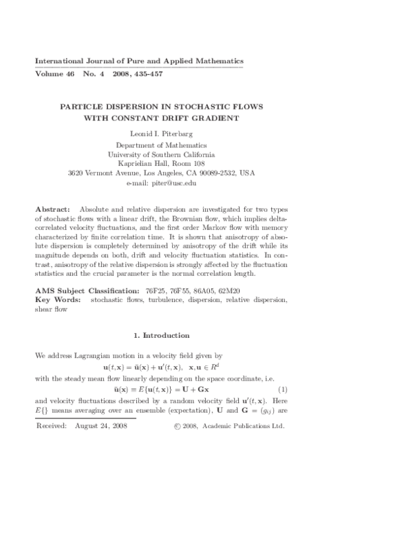 (PDF) Particle dispersion in stochastic flows with constant drift gradient | Leonid Piterbarg ...