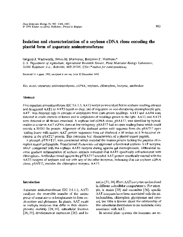 (PDF) Isolation and characterization of a soybean cDNA clone encoding the plastid form of ...