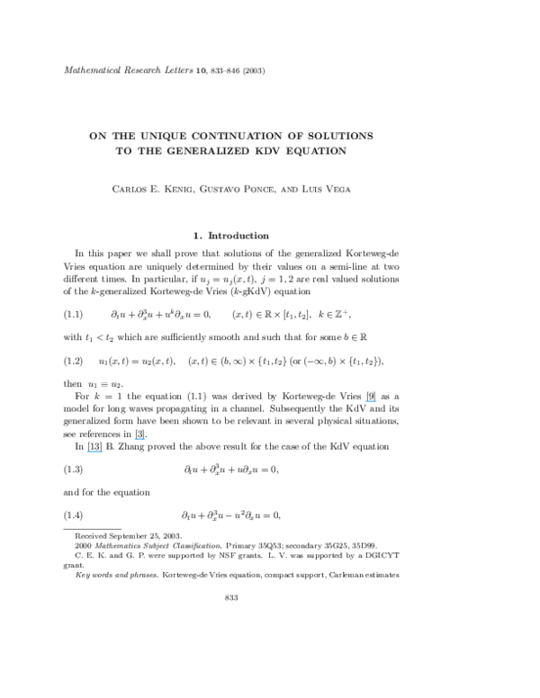 (PDF) ON THE UNIQUE CONTINUATION OF SOLUTIONS TO THE GENERALIZED KDV ...