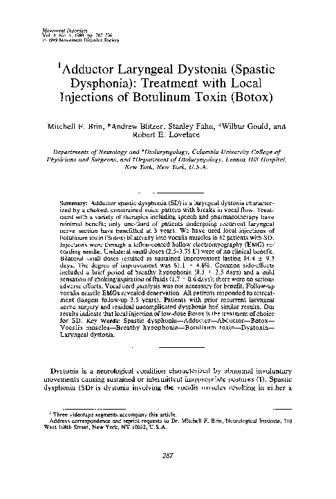 (PDF) Adductor laryngeal dystonia (spastic dysphonia): Treatment with ...