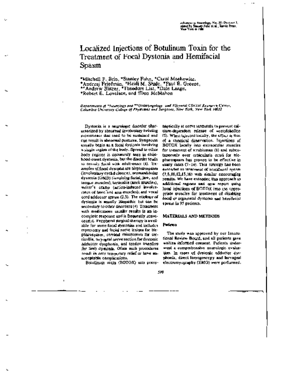 (PDF) LOCALIZED INJECTIONS OF BOTULINUM TOXIN FOR THE TREATMENT OF ...