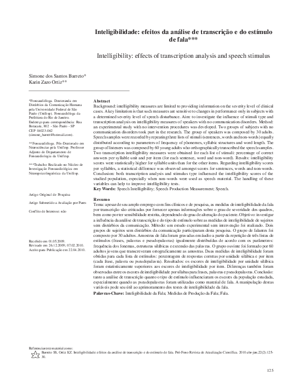 (PDF) Inteligibilidade: efeitos da análise de transcrição e do estímulo ...