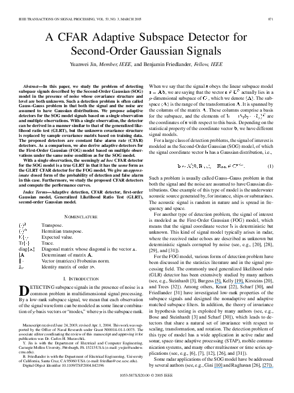 (PDF) A CFAR adaptive subspace detector for second-order Gaussian signals