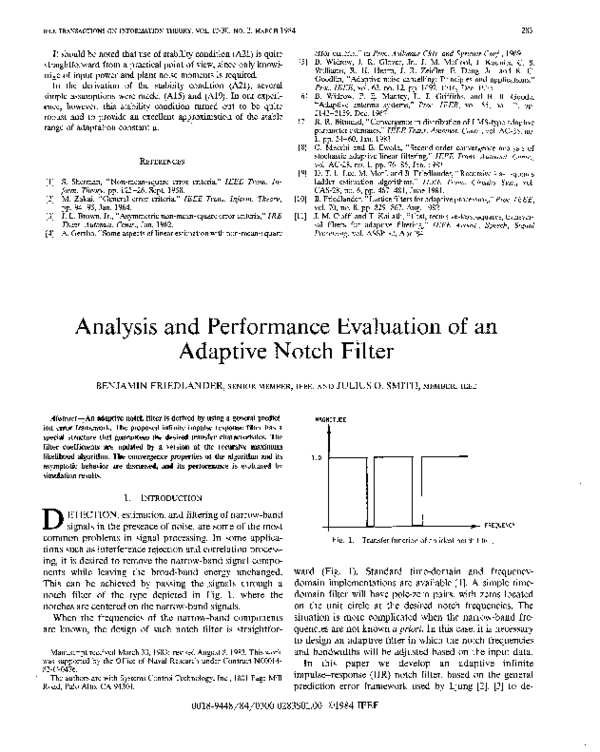(PDF) Analysis and performance evaluation of an adaptive notch filter
