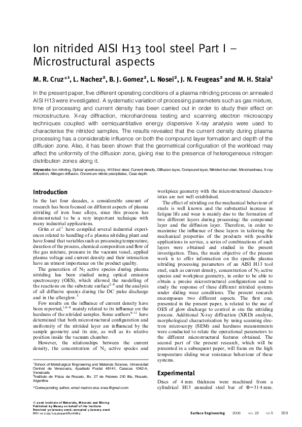 (PDF) Ion nitrided AISI H13 tool steel Part I – Microstructural aspects