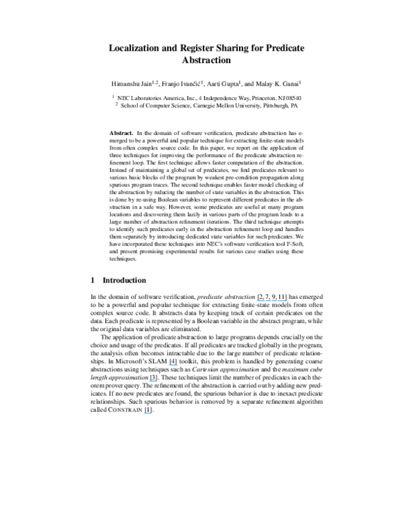 Pdf Localization And Register Sharing For Predicate Abstraction