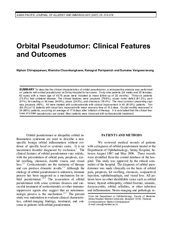 Pdf Orbital Pseudotumor Clinical Features And Outcomes