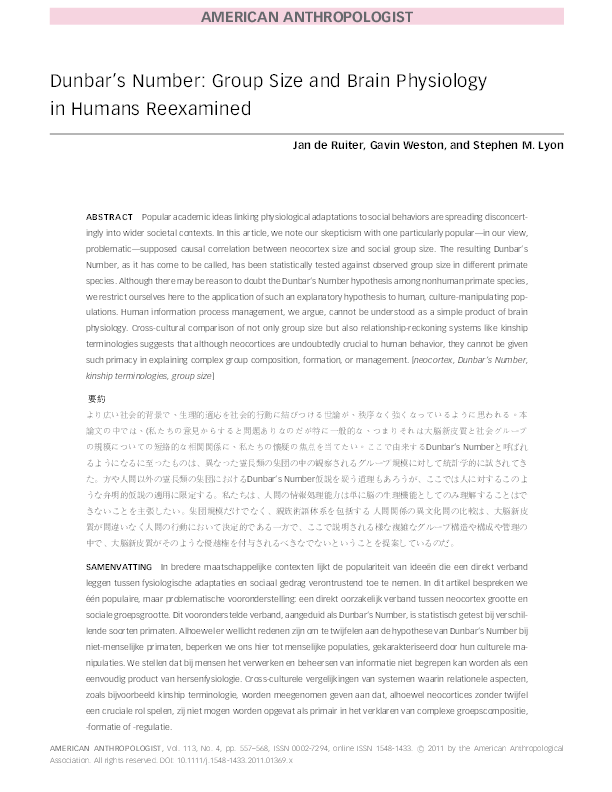 (PDF) Dunbar's Number: Group Size and Brain Physiology in Humans Reexamined