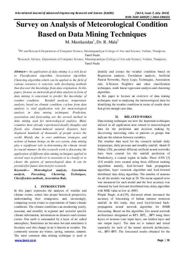 Pdf Survey On Analysis Of Meteorological Condition Based On Data Mining Techniques Ijaers