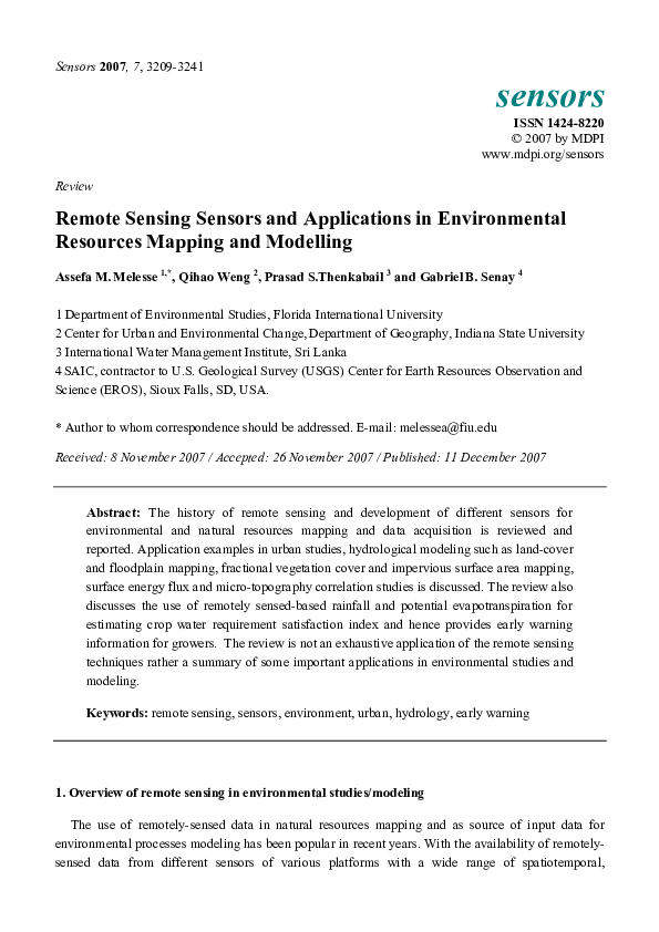 Pdf Remote Sensing Sensors And Applications In Environmental Resources Mapping And Modelling