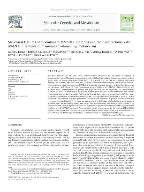 (PDF) Structural features of recombinant MMADHC isoforms and their ...