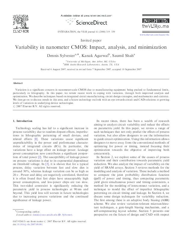 (PDF) Variability in nanometer CMOS: Impact, analysis, and minimization