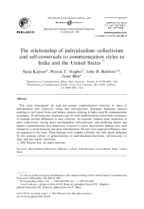 (PDF) The relationship of individualism–collectivism and self ...