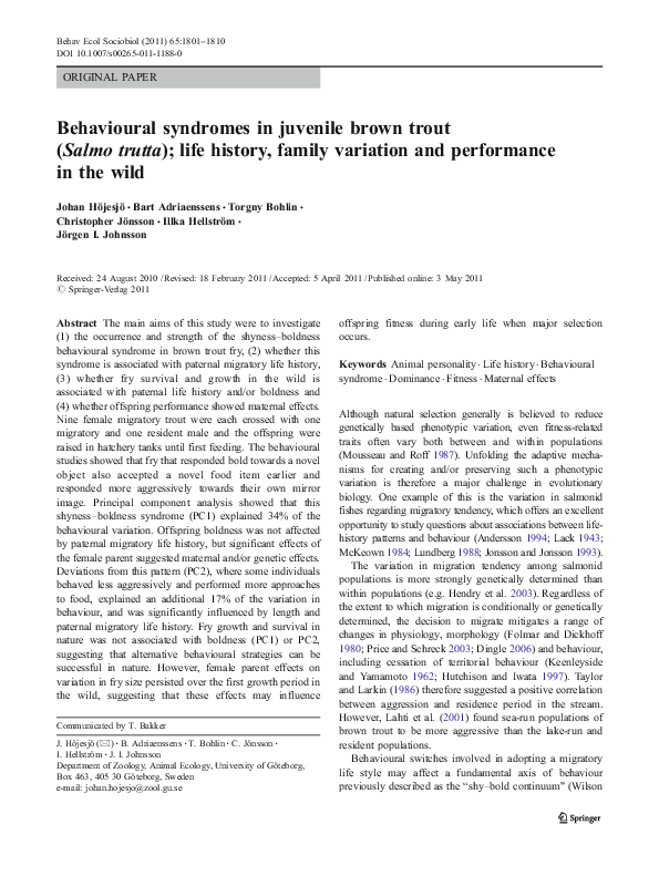 (PDF) Behavioural syndromes in juvenile brown trout ( Salmo trutta ...