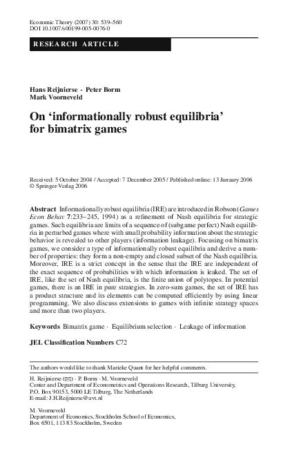 (PDF) On ‘Informationally Robust Equilibria’ for Bimatrix Games