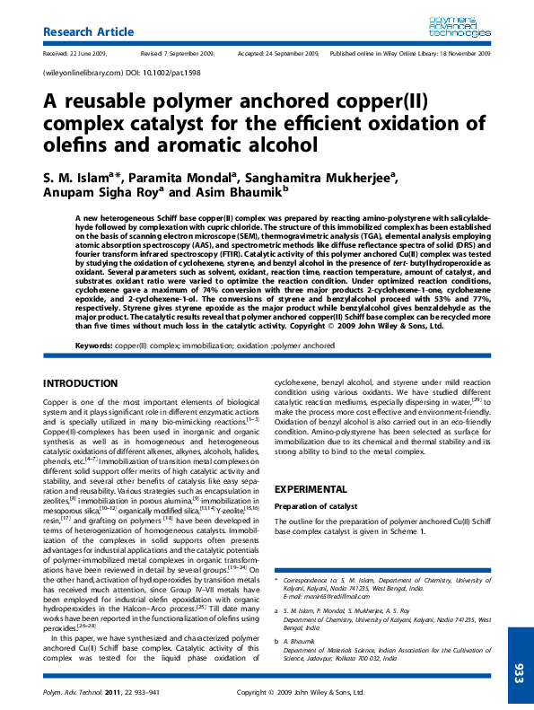(PDF) A reusable polymer anchored copper(II) complex catalyst for the efficient oxidation of ...