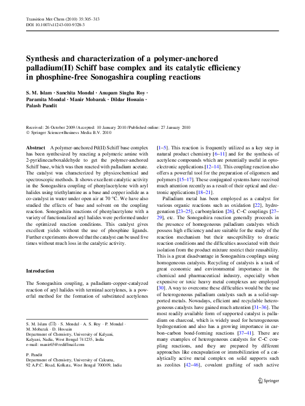 (PDF) Synthesis and characterization of a polymer-anchored palladium(II) Schiff base complex and ...