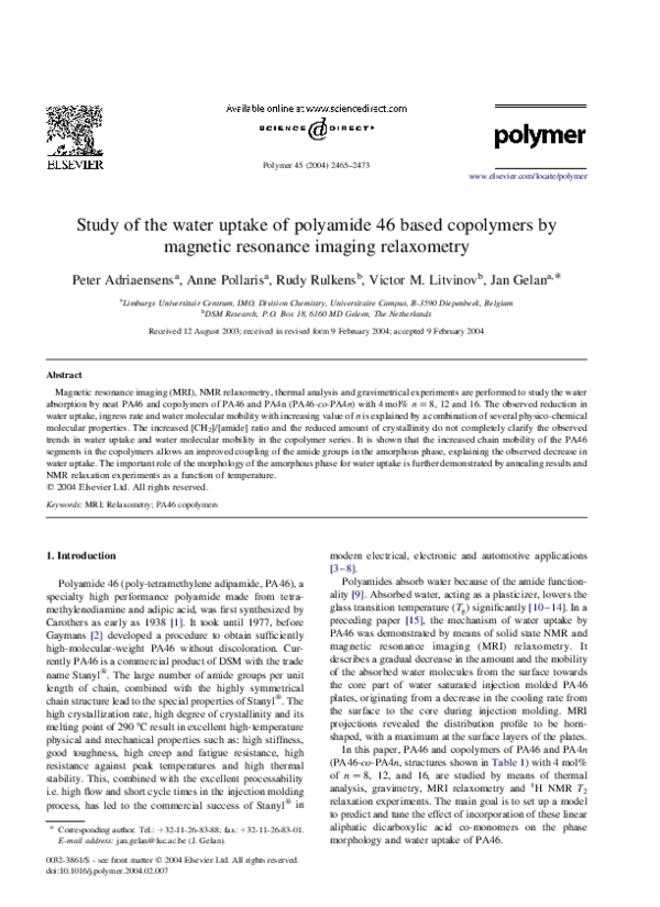 (PDF) Study of the water uptake of polyamide 46 based copolymers by ...