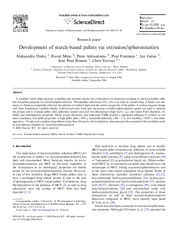 (PDF) Development of starch-based pellets via extrusion/spheronisation