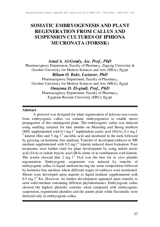 (PDF) Somatic embryogenesis and plant regeneration from callus culture ...