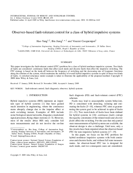 Pdf Observer Based Fault Tolerant Control For A Class Of Hybrid Impulsive Systems