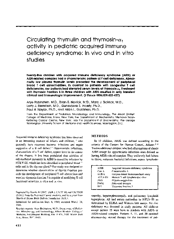 (PDF) Circulating thymulin and thymosin-α1 activity in pediatric ...