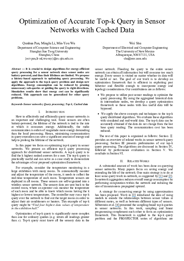 (PDF) Optimization of Accurate Top-k Query in Sensor Networks with Cached Data